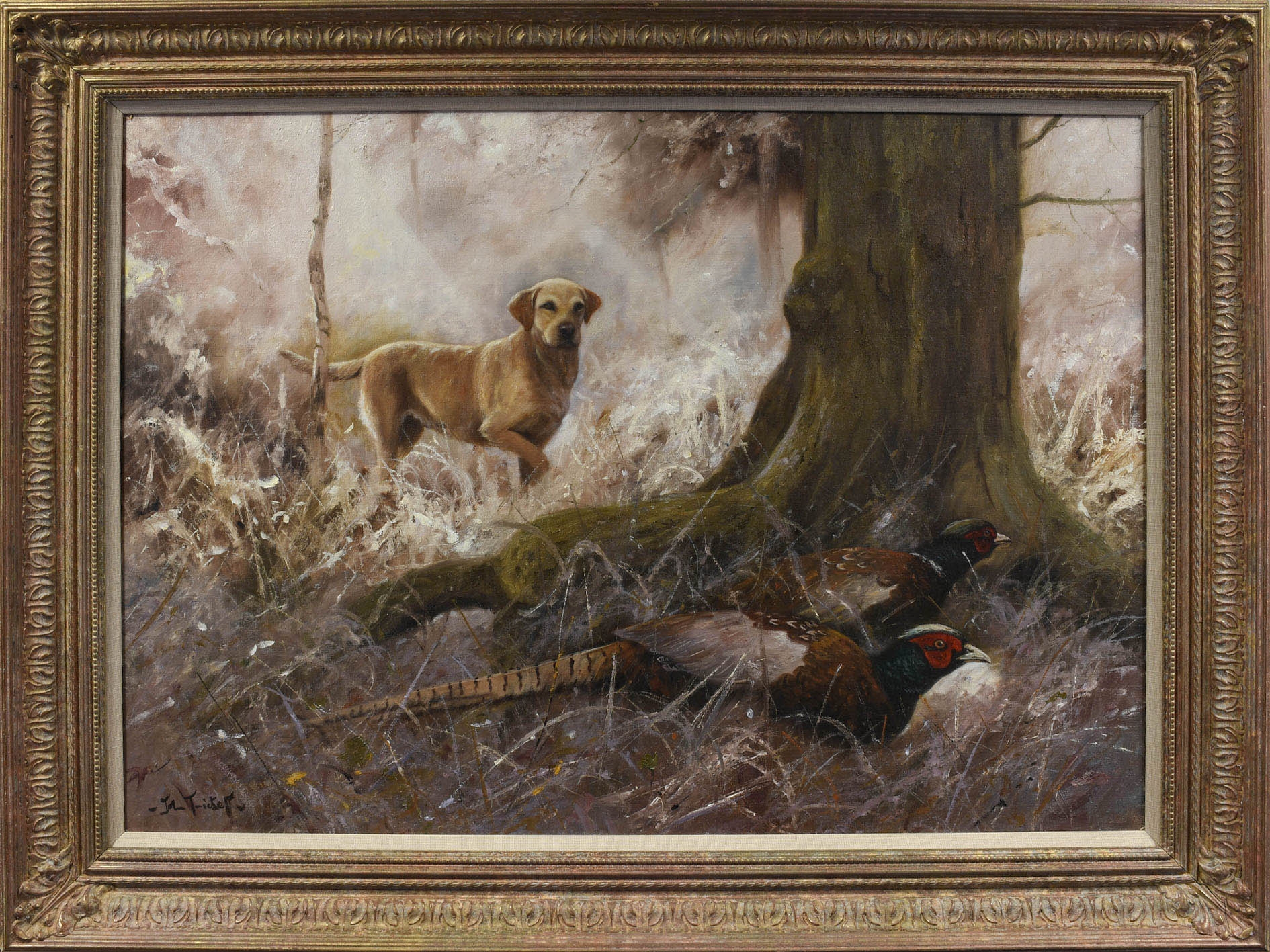 John Trickett | Yellow Lab and Pheasants | MutualArt