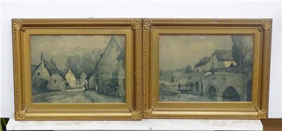 George Henry Downing | a street scene and a river scene with bridge and ...