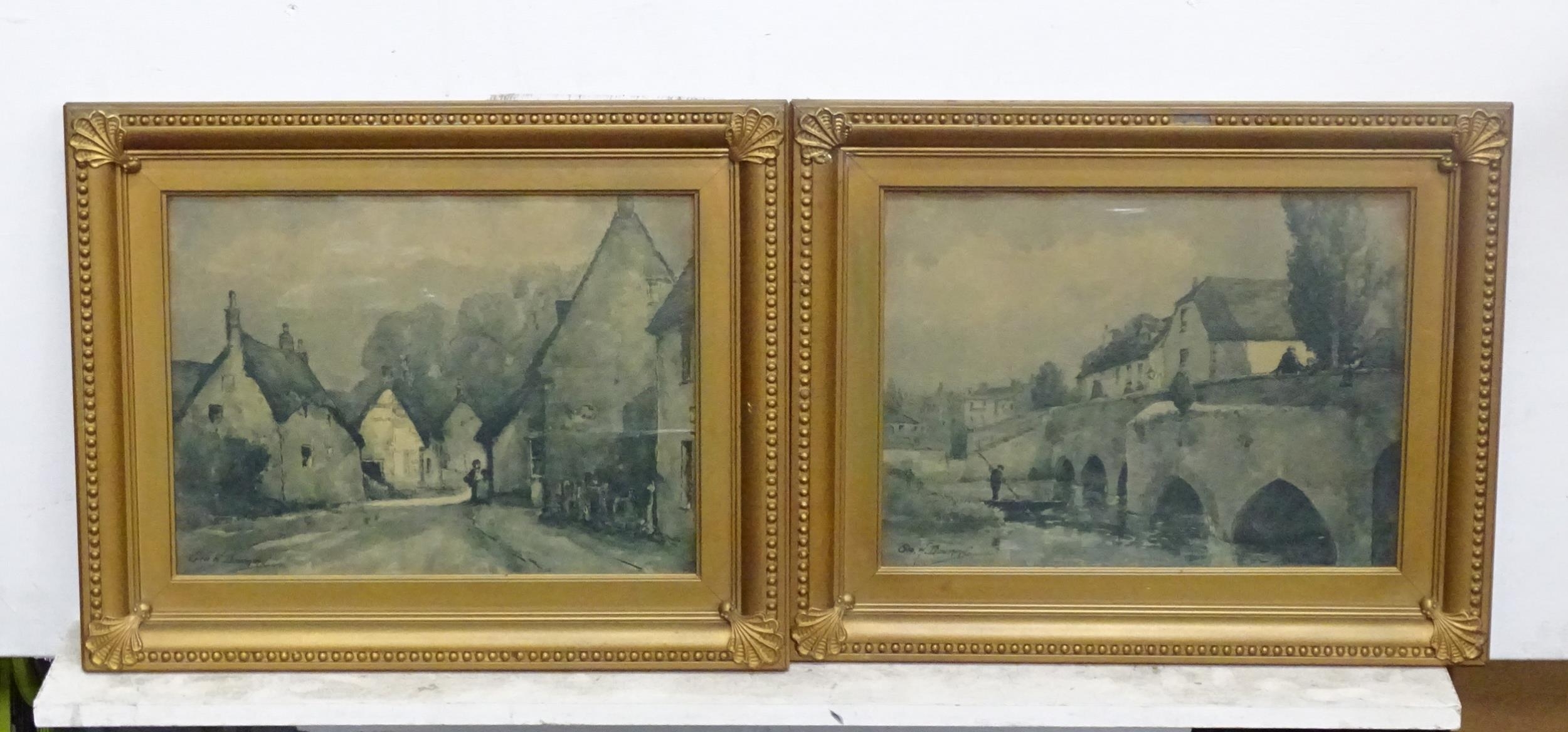 George Henry Downing | a street scene and a river scene with bridge and ...