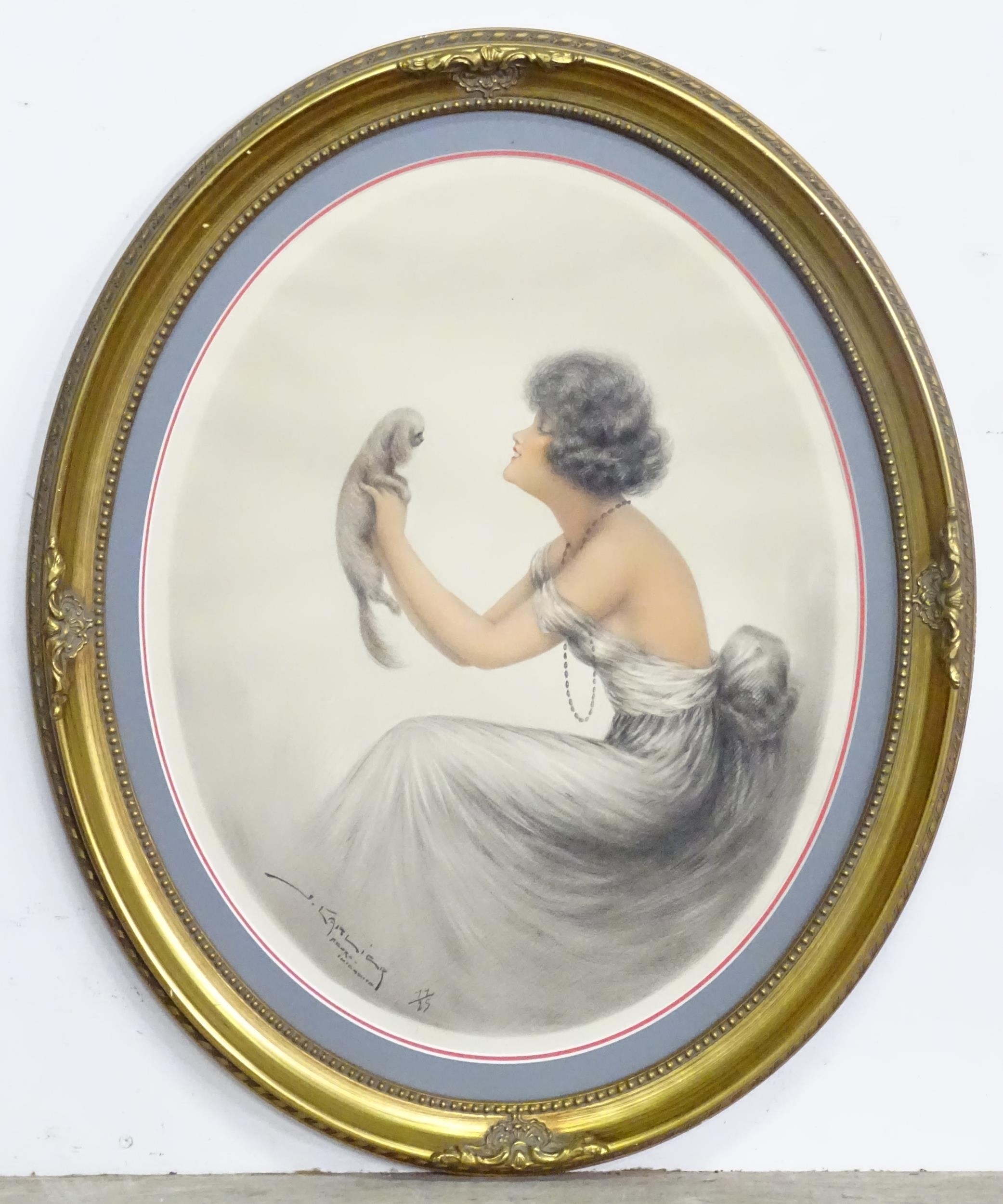 J. Carlier | An oval limited edition print depicting a woman holding a ...