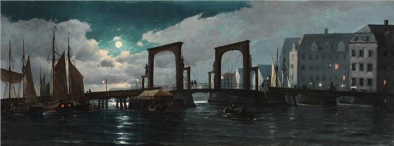 Vilhelm Bille | Full moon over the Knippel Bridge in Copenhagen | MutualArt