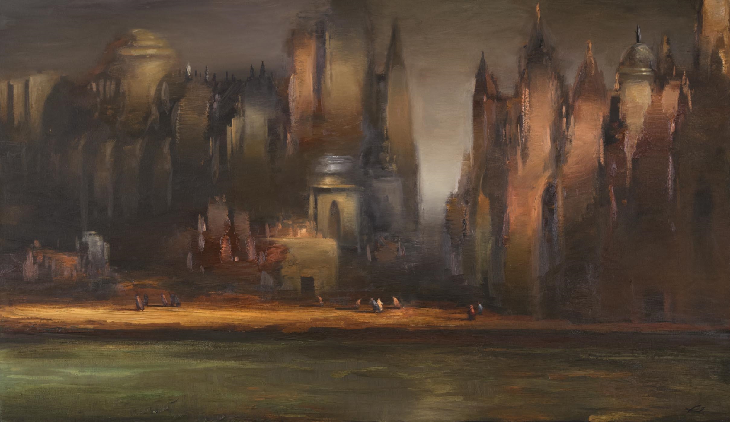 Ray Turner | ancient cityscape with figures in robes and cathedrals and ...