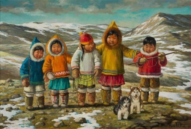Nori Peter | Inuit children with puppies | MutualArt