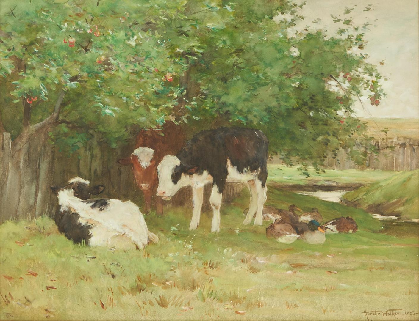 Horatio Walker | Three cows gathered under the shade of trees with ...