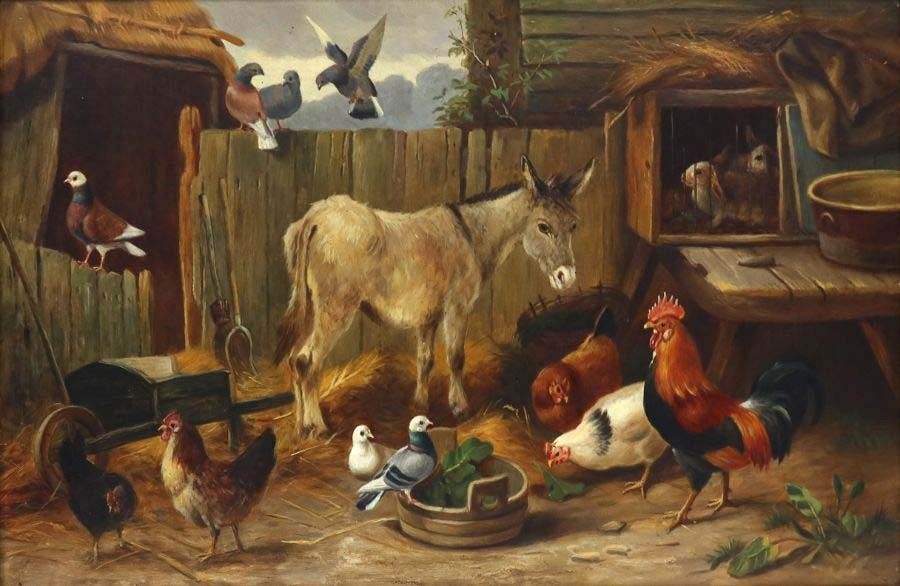 Edgar Hunt | a farmyard scene with a donkey, chickens, pigeons and ...