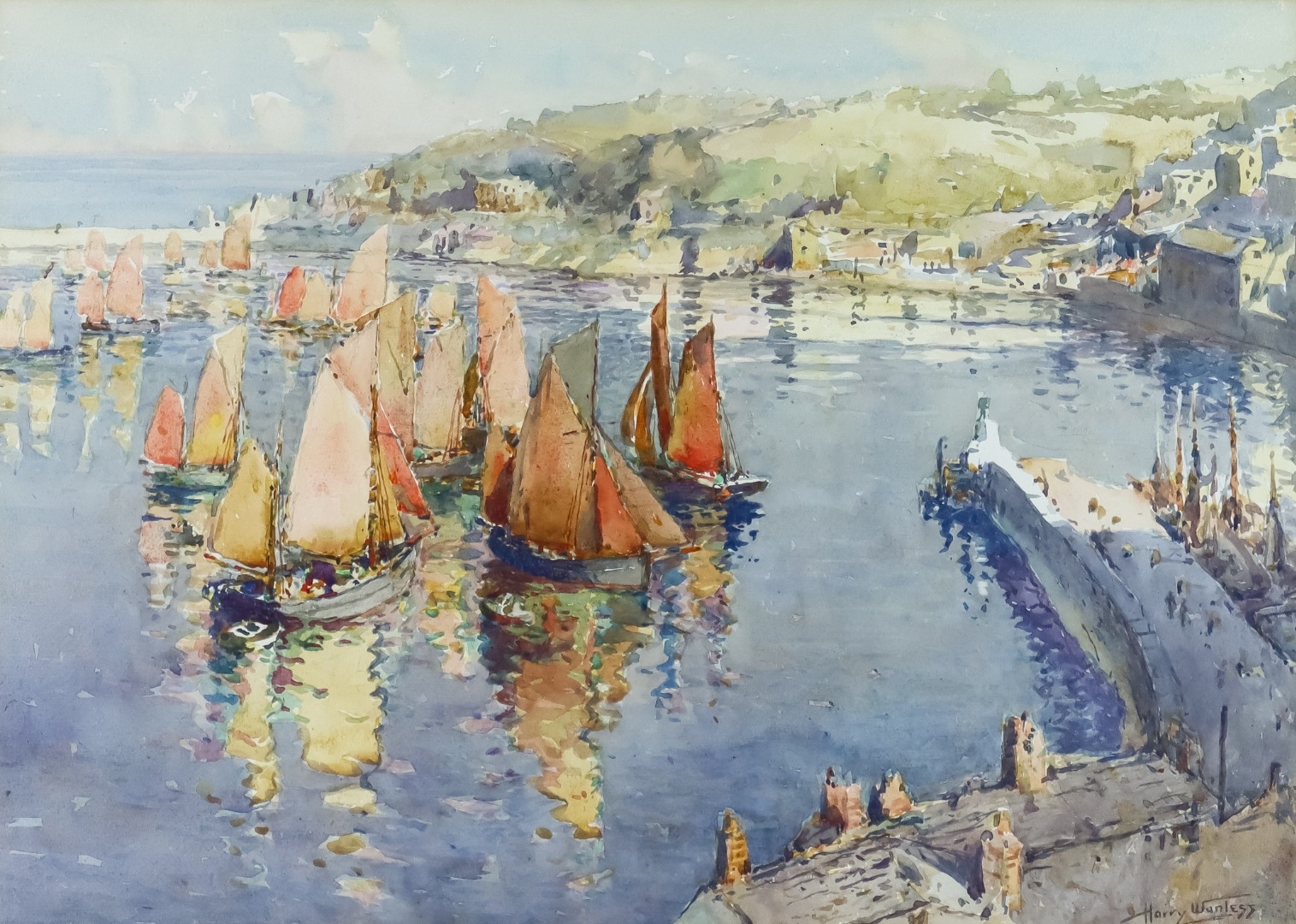 Harry Wanless | Harbour scene with boats in full sail | MutualArt