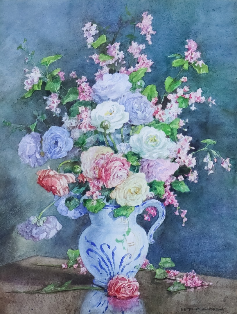 Edith Alice Andrews | Still life with blue and white jug of mixed ...
