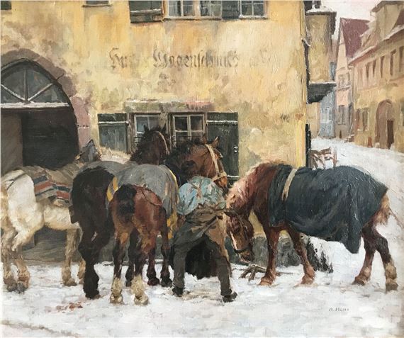 Adolph Hosse | Pferde im Winter vor einer Schmiede wartend | MutualArt