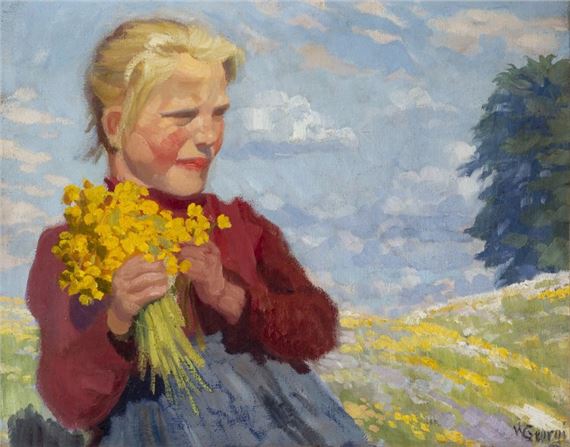 Walter Georgi | Junges Mädchen mit einem Strauß gelber Sommerblumen ...