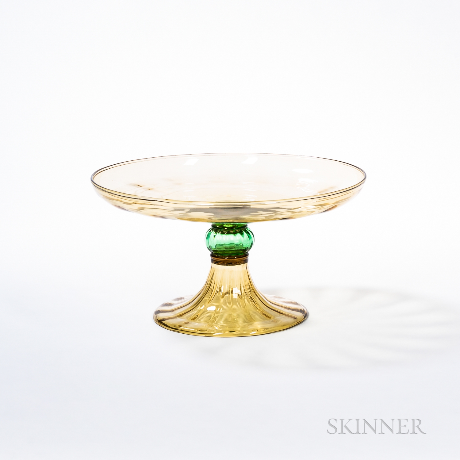 Steuben Glass | Steuben Topaz and Pomona Green Glass Compote | MutualArt