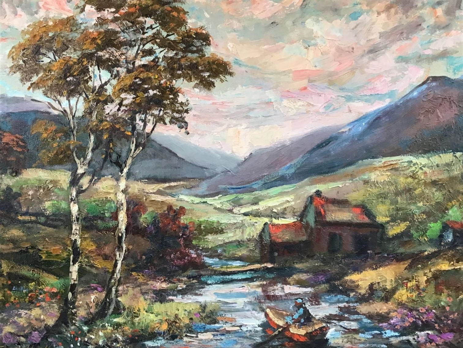 Samuel Heller | Mountain scene with small cottage and figuring rowing a ...