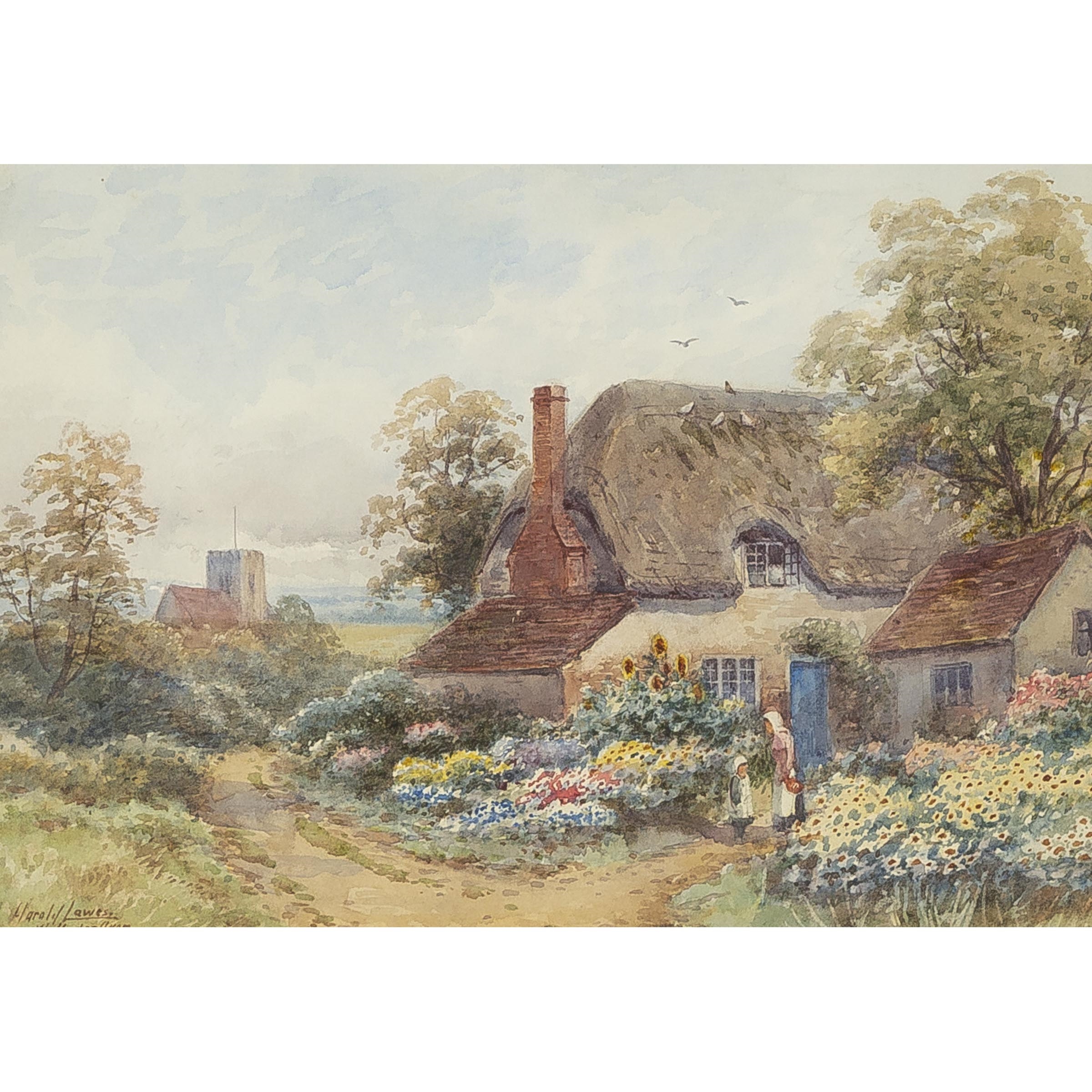 Harold Lawes | OUTSIDE A THATCHED COTTAGE AND GARDEN | MutualArt