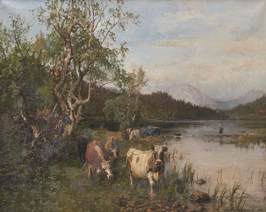 Anders Askevold | Norwegian forest landscape with cows (1889) | MutualArt
