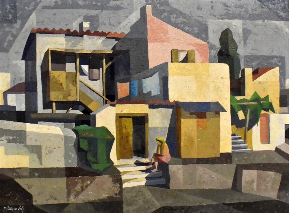 Manos Sofianos | figure seated on town steps with buildings beyond ...