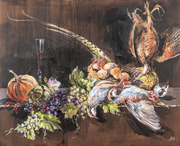 Patrice Bac | Still life with game and fruits and ducks playing | MutualArt