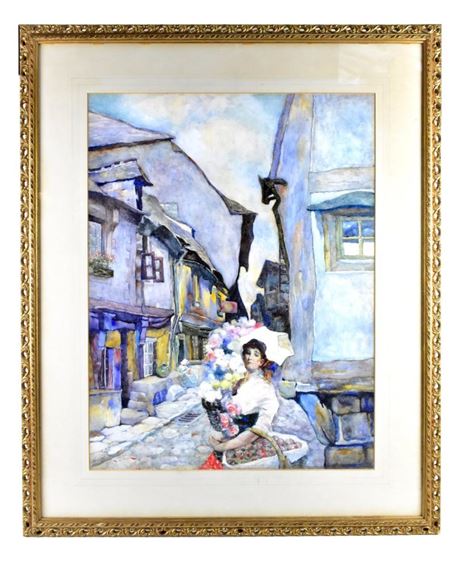 David Woodlock | street scene with female figure carrying a basket of ...