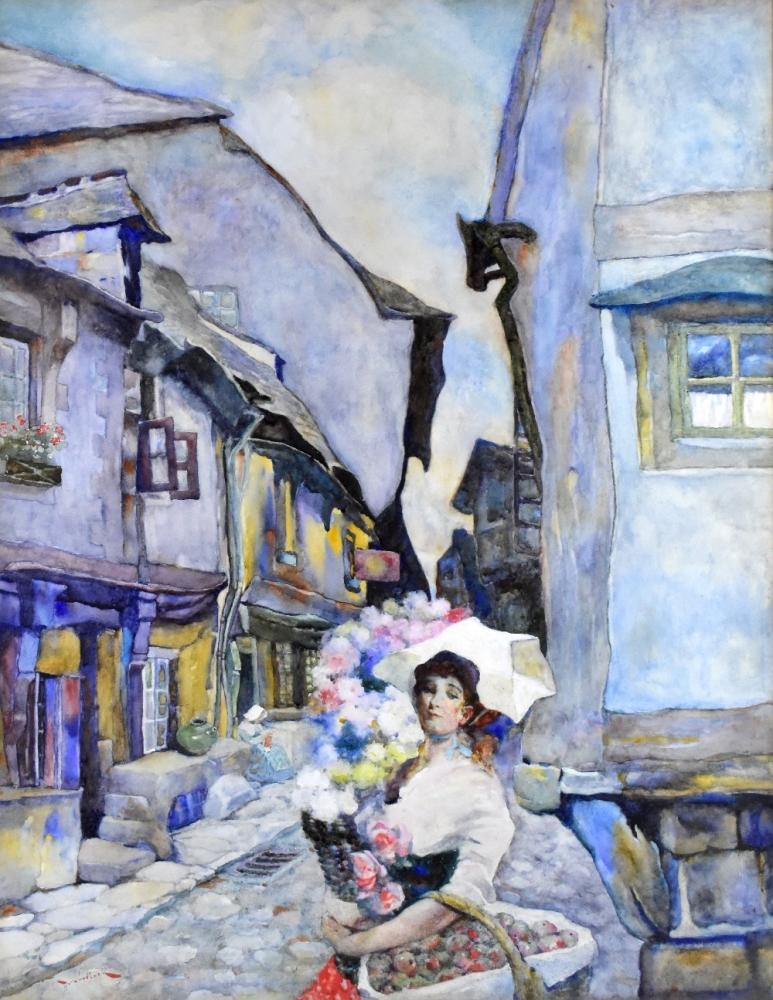 David Woodlock | street scene with female figure carrying a basket of ...