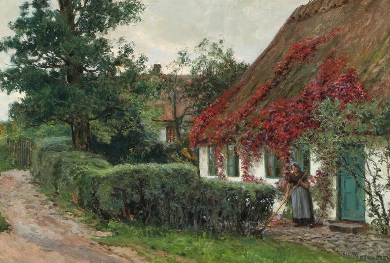 Karl Harald Alfred Broge | A woman raking leaves in front of her ...