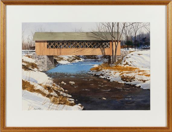 Eugene Conlon | Late winter scene with covered bridge. | MutualArt