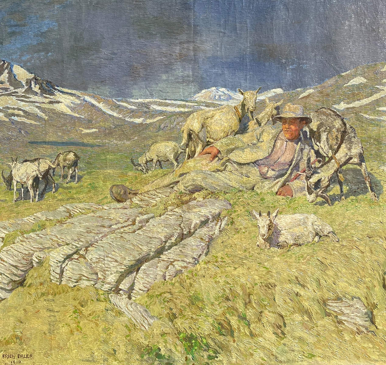 Erich Erler-Samaden | Mountain Landscape with Goat Herder at Rest ...