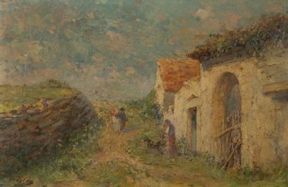 Georges Deloy | Characters on a path in front of a farm entrance ...