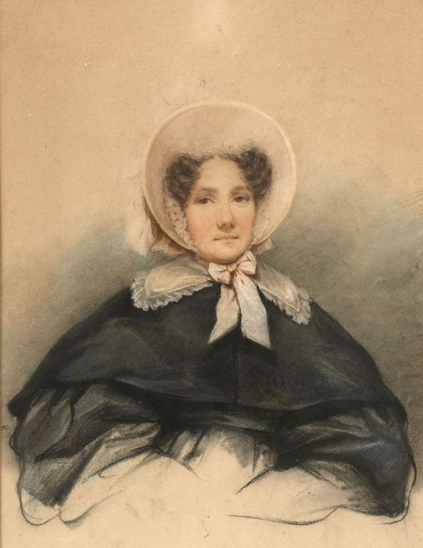 Alexandre-Marie Colin | Portrait de femme à la coiffe rose | MutualArt