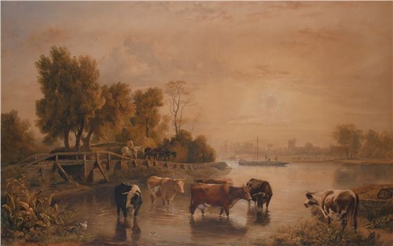 Ramsay Richard Reinagle | Evening landscape with cattle watering in the ...