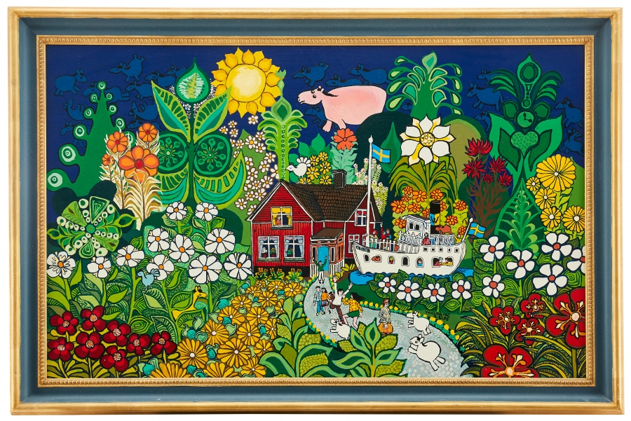 Bengt Elde | Hus och båt i blomstrande landskap (1974) | MutualArt