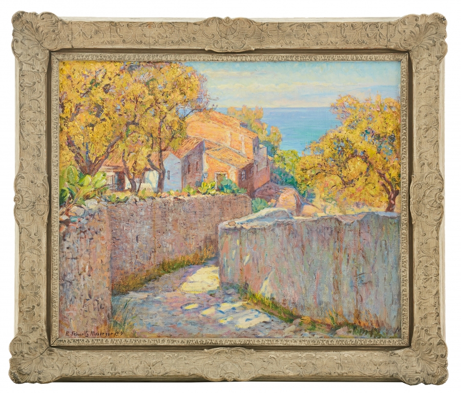 Elsa Schultz-Moberger | Solbelyst gränd med havsutsikt (1927) | MutualArt