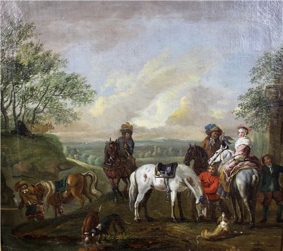 Carel Van Falens | Landschap met rustende jagers | MutualArt