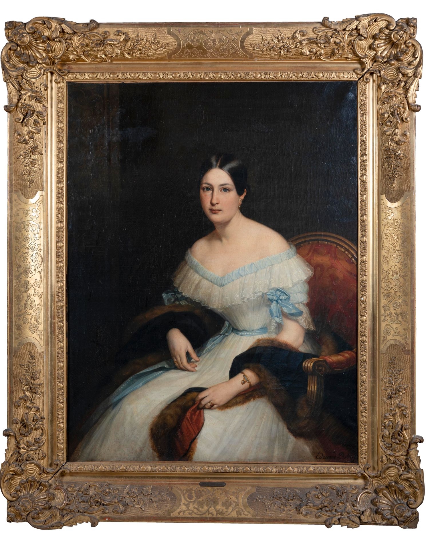 Louis-Edouard Dubufe | Portrait of a woman sitting in an armchair with ...