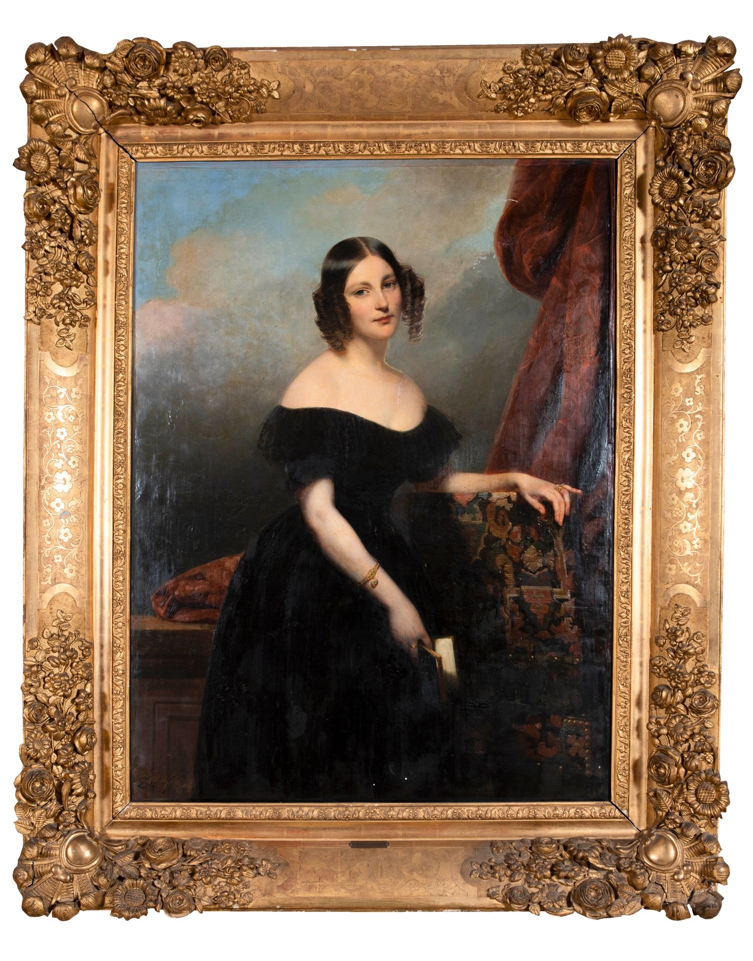 Louis-Edouard Dubufe | Portrait of a woman in a black dress holding a ...
