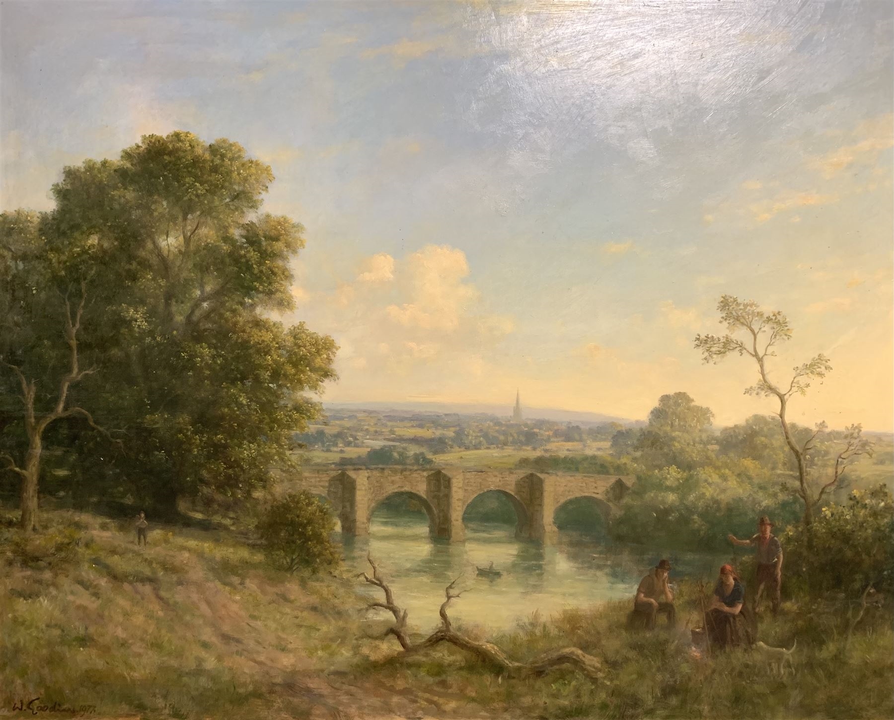 Walter Goodin | Figures Camping before Bridge and Distant Cityscape ...