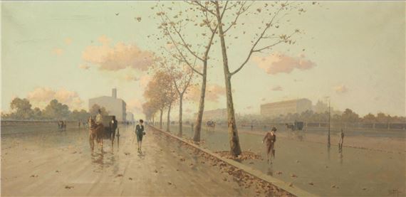 Aurelio Catti | AN AUTUMN TREE-LINED STREET WITH FIGURES AND COACHES ...
