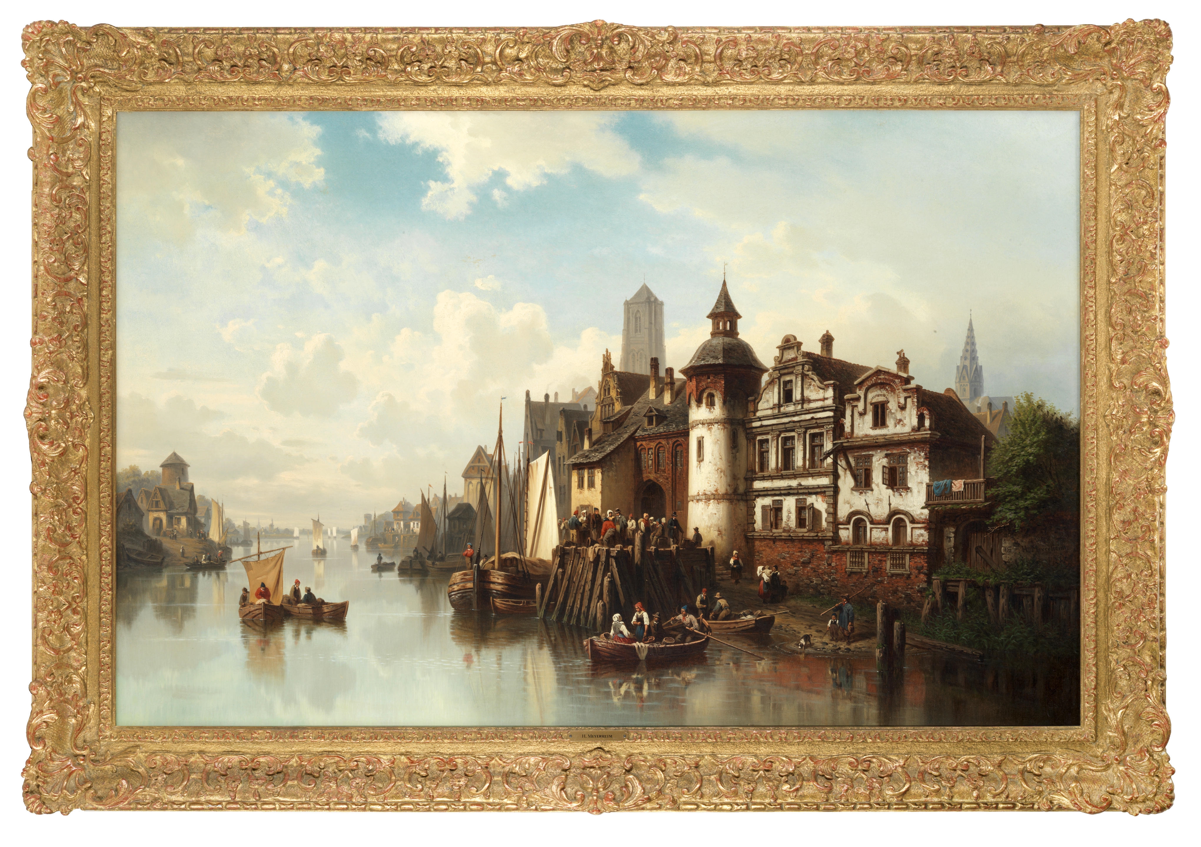 Hermann Meyerheim | A bustling riverside town under a clearing sky ...