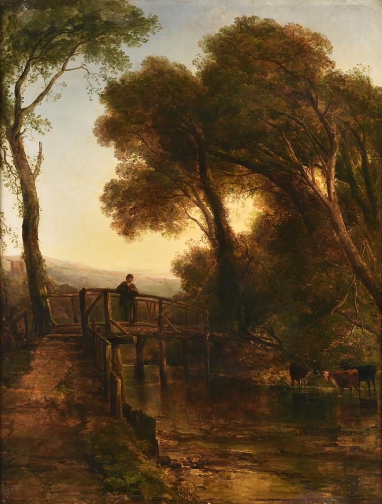 Thomas Creswick | Figure on a bridge in a landscape (1844) | MutualArt