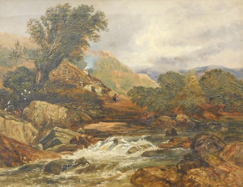 John Lloyd Bond | Rough stream before figure on path with cottage and ...