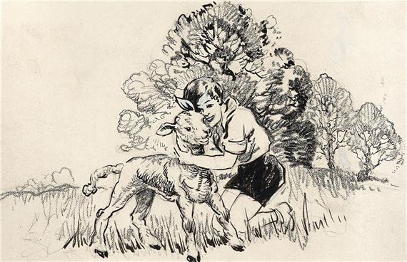 Rhys Williams | Rodney Cuddles a Lamb (1945) | MutualArt