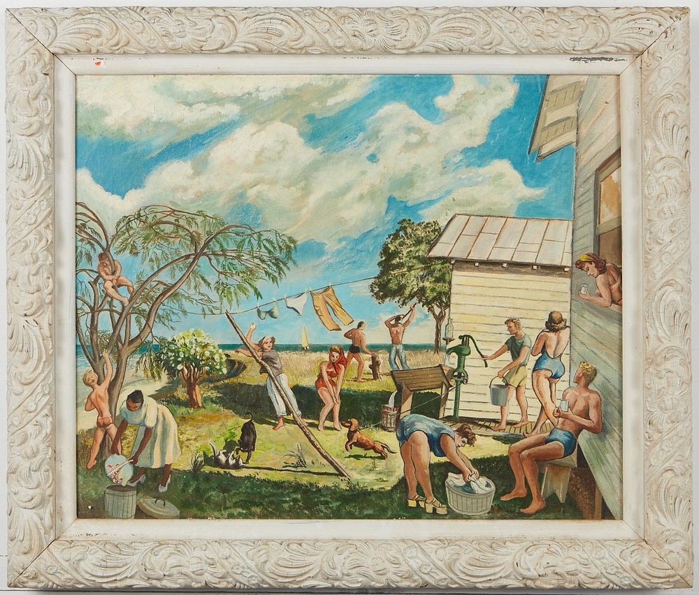 American Folk Art School | Group of beachgoers and women doing laundry ...