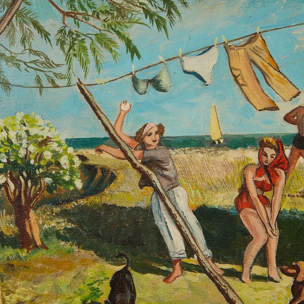 American Folk Art School | Group of beachgoers and women doing laundry ...