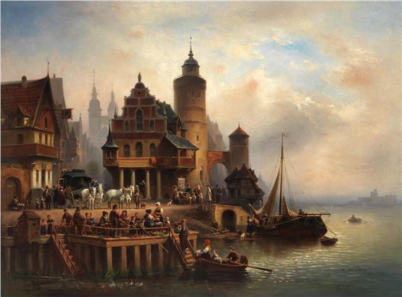 Wilhelm Alexander Meyerheim | The busy jetty of a riverside town (1876 ...