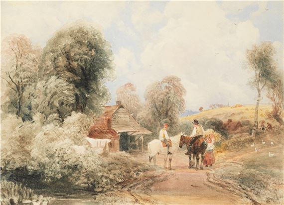 Peter de Wint | A farm at harvest time with three figures on a road ...