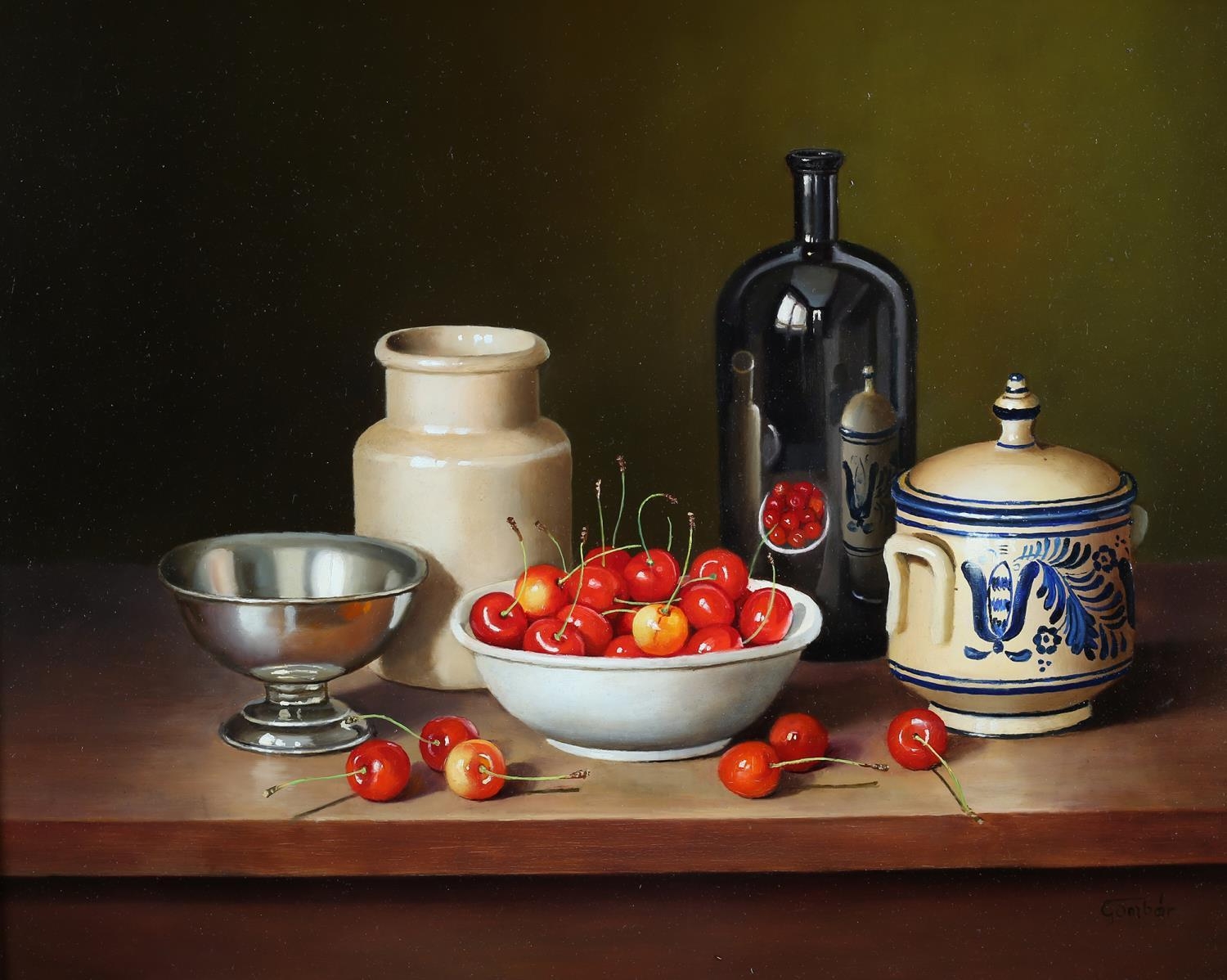 Andras Gombar | Still life of cherries in a bowl, blue glass bottle ...