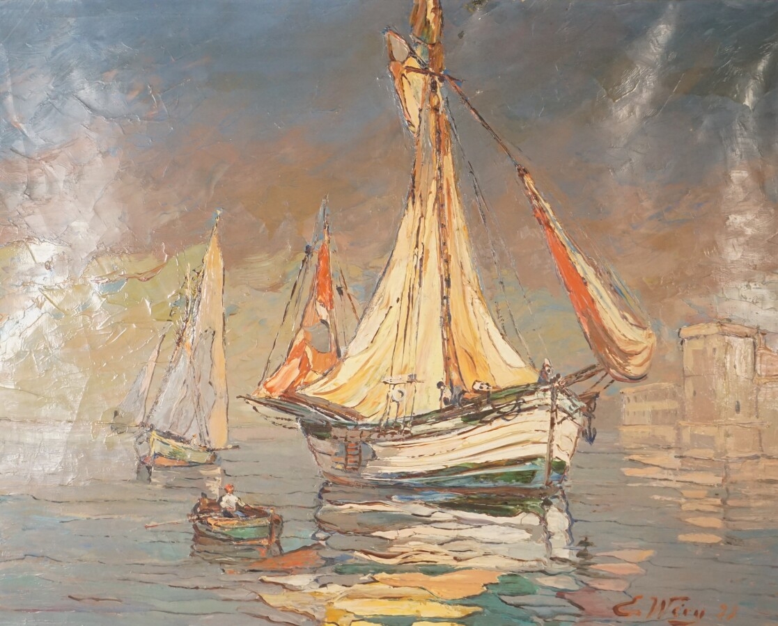 Emile Wery | Italie, Bateaux de pêche près d'une ville fortifiée (1928 ...