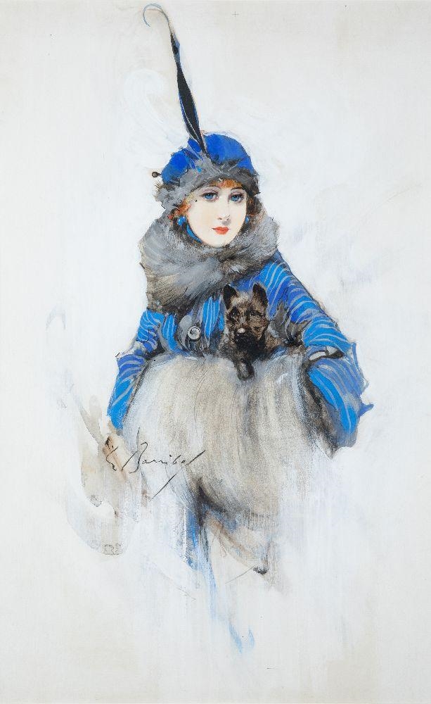 William H. Barribal | Portrait of an elegant lady in a blue coat and ...