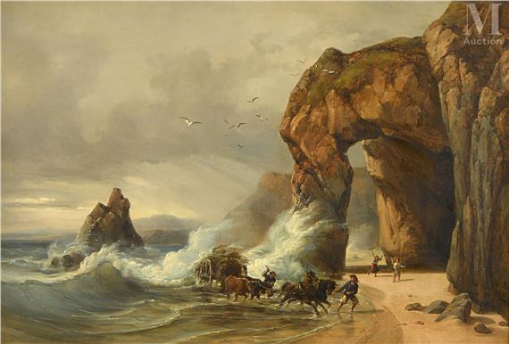 Auguste Mayer | Le chariot sur la plage en Bretagne (1862) | MutualArt