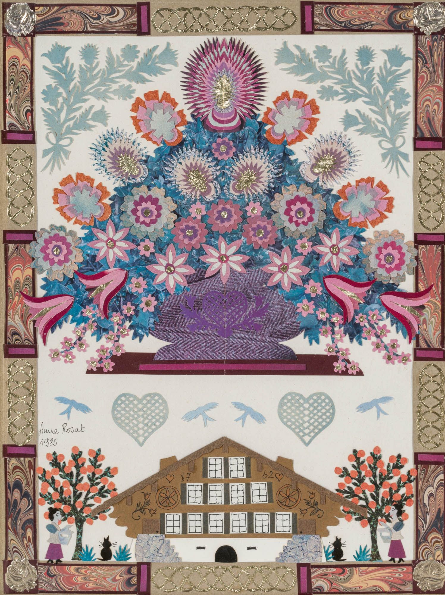 Anne Rosat | Grand bouquet de fleurs avec chalet (1985) | MutualArt