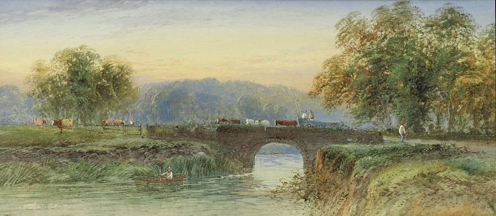 Leonard Lewis | a river landscape with fishing rowing boat and horse ...