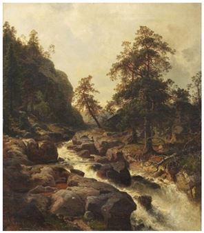Edvard Bergh | Fishing by the waterfall | MutualArt
