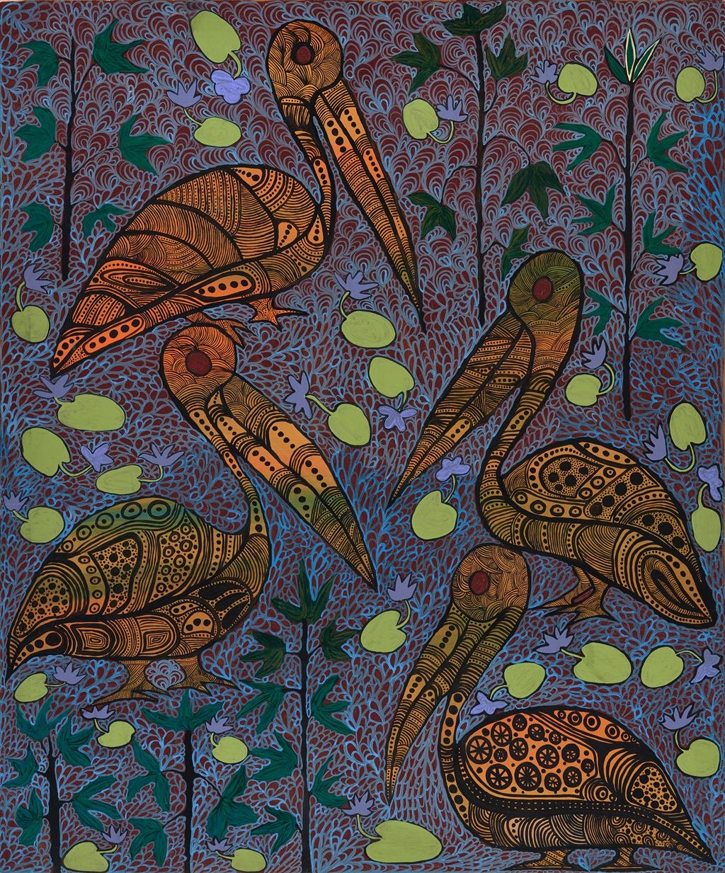 Delores Parry | Pelicans wondering throught the Lilypond | MutualArt